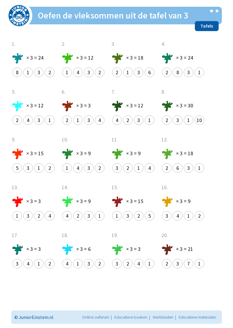 Oefen de vleksommen uit de tafel van 3