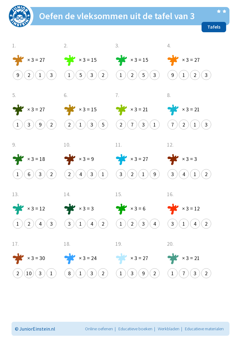 Oefen de vleksommen uit de tafel van 3