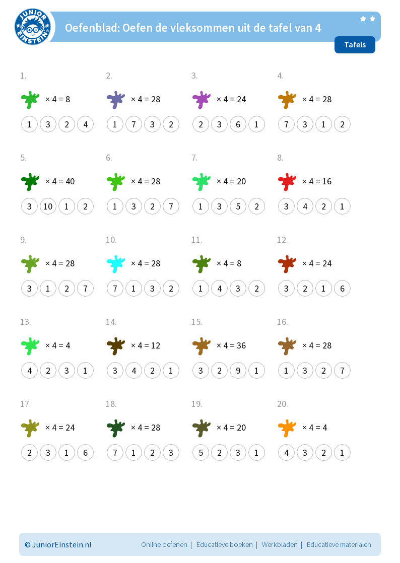 Oefenblad: Oefen de vleksommen uit de tafel van 4