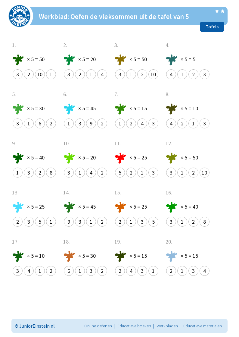 Werkblad: Oefen de vleksommen uit de tafel van 5