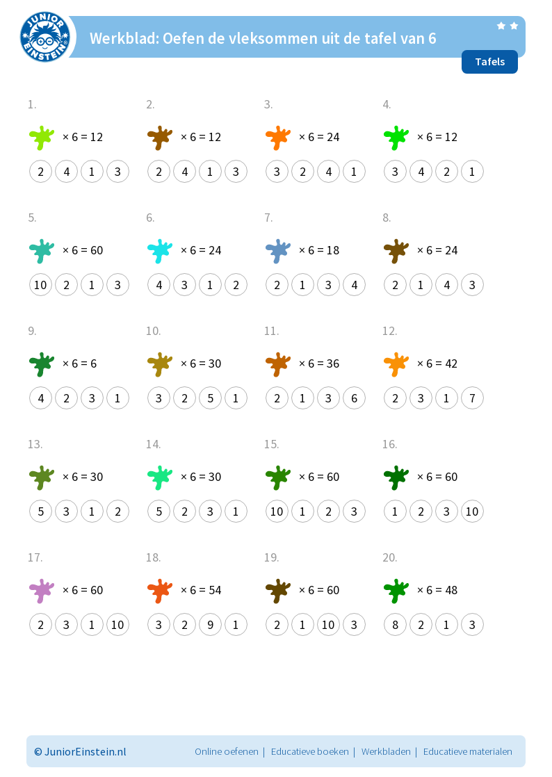 Werkblad: Oefen de vleksommen uit de tafel van 6
