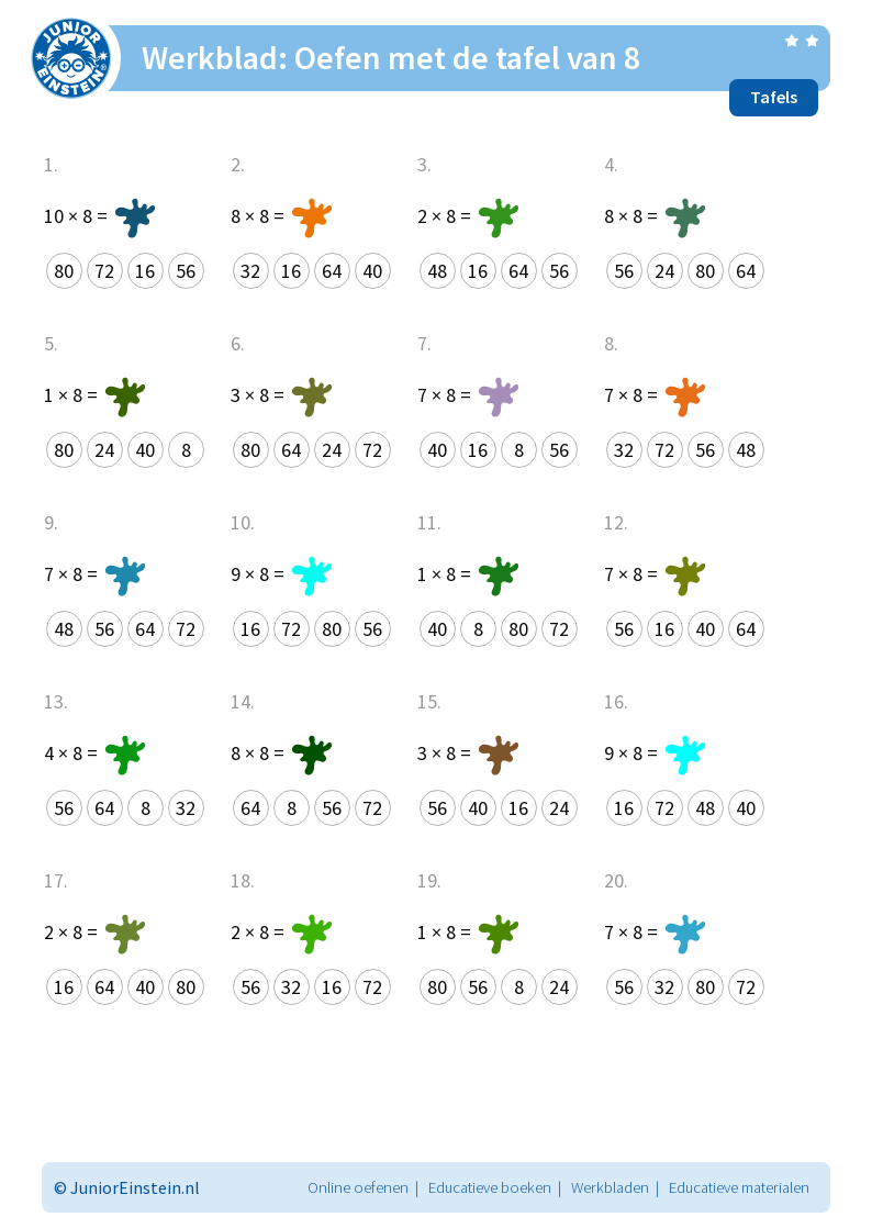 Werkblad: Oefen met de tafel van 8