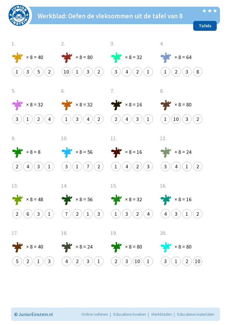 Werkblad: Oefen de vleksommen uit de tafel van 8