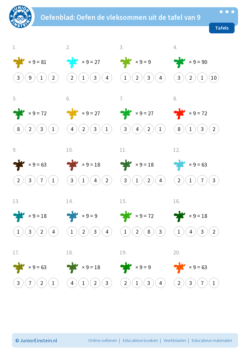 Oefenblad: Oefen de vleksommen uit de tafel van 9