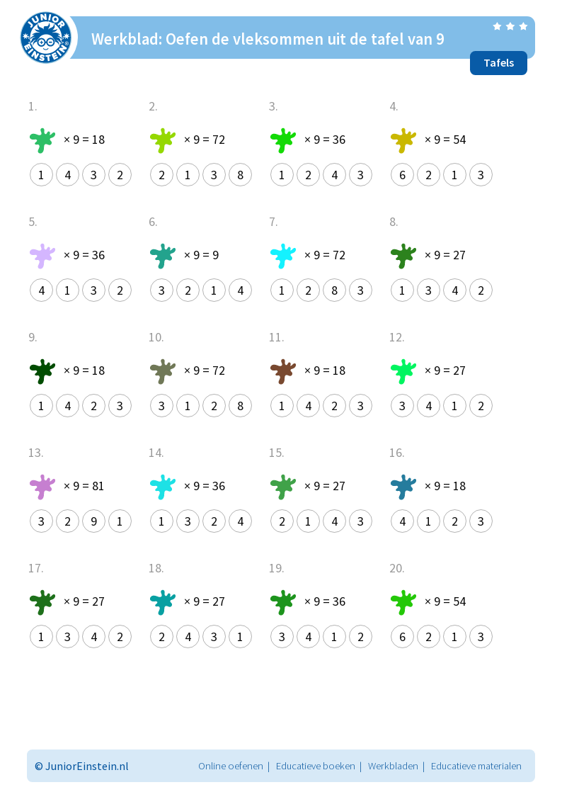 Werkblad: Oefen de vleksommen uit de tafel van 9