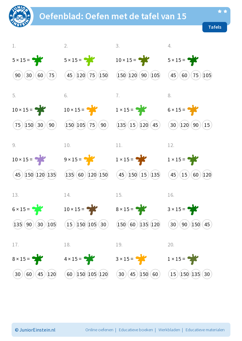 Oefenblad: Oefen met de tafel van 15