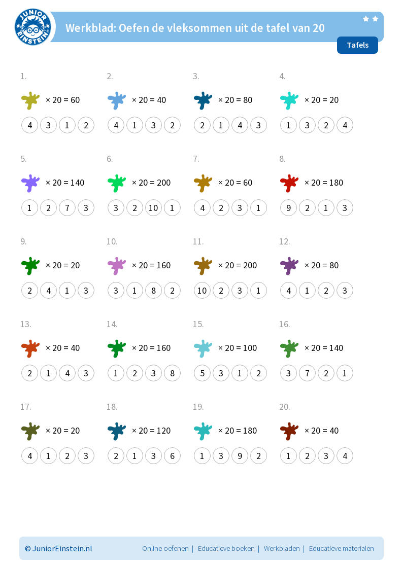 Werkblad: Oefen de vleksommen uit de tafel van 20