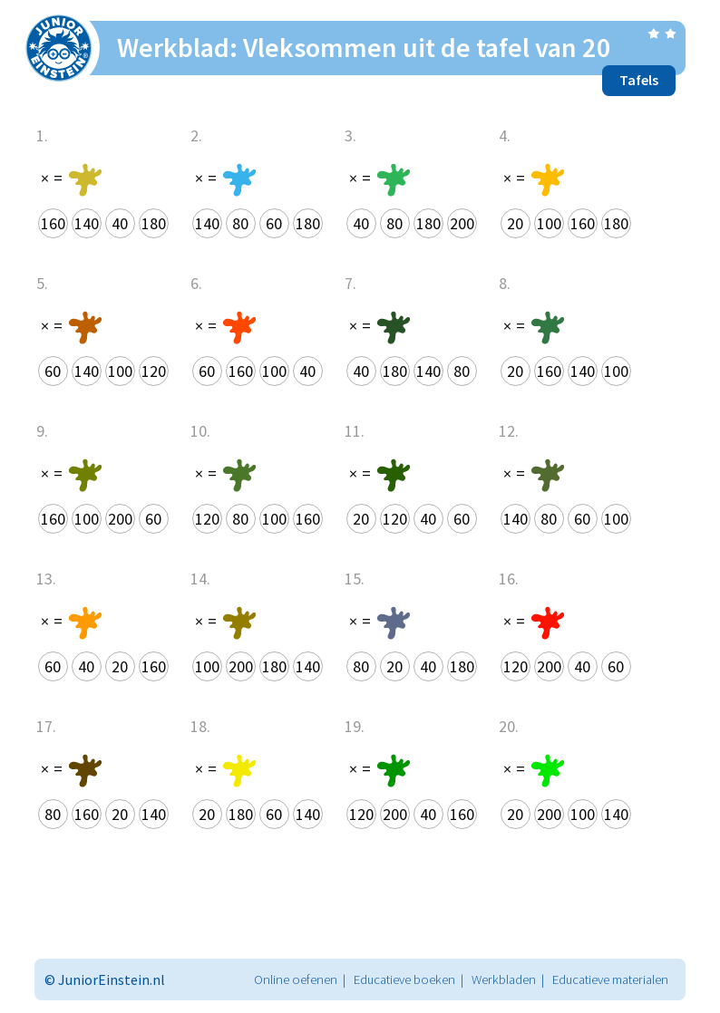 Werkbladen > Automatiseren - Tafels > Tafels > Tafel van 20