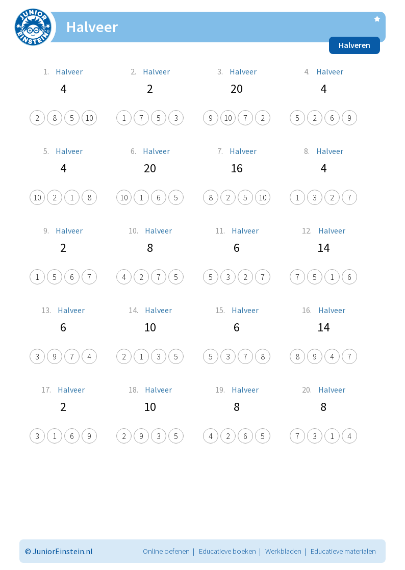 Werkbladen > Automatiseren - Dubbelen en halveren > Halveren > Tot 20