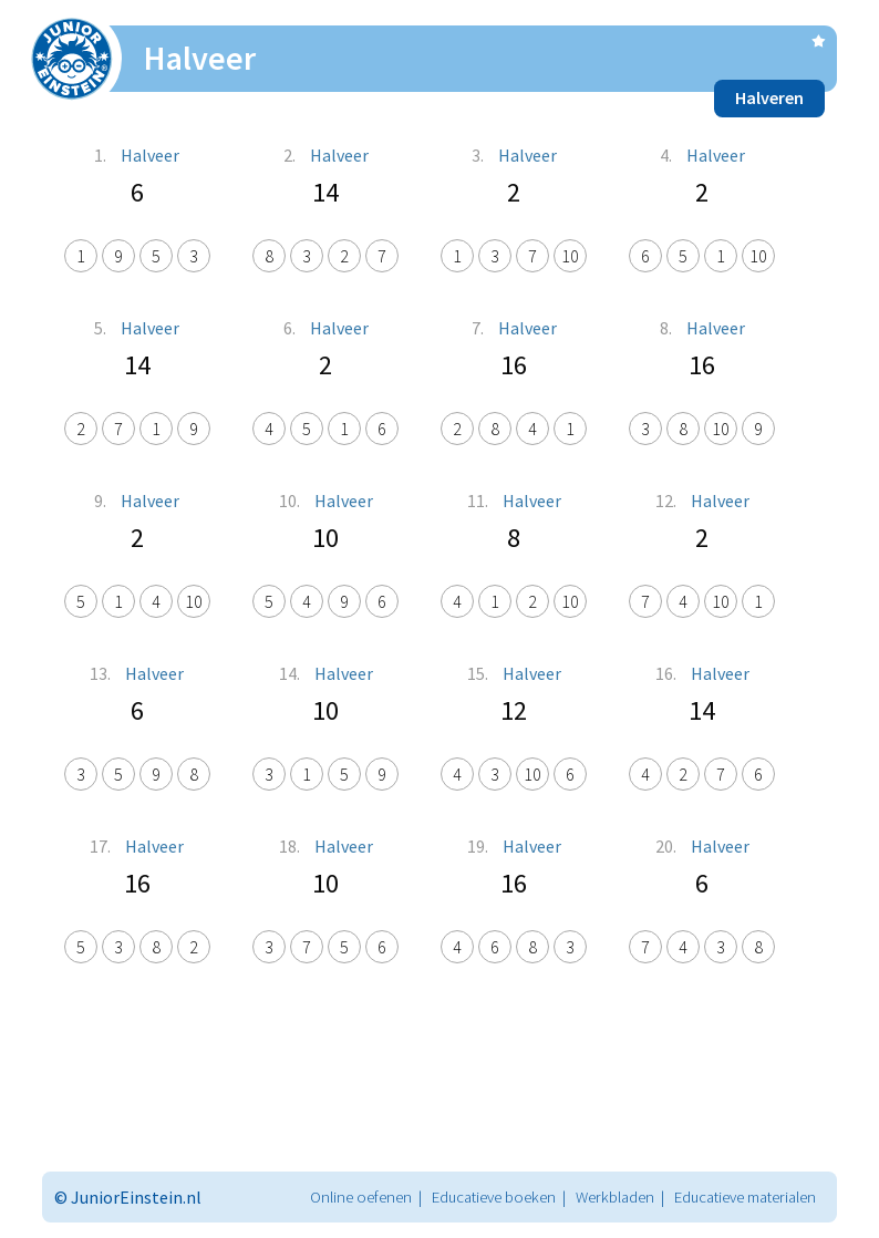 Werkbladen > Automatiseren - Dubbelen en halveren > Halveren > Tot 20