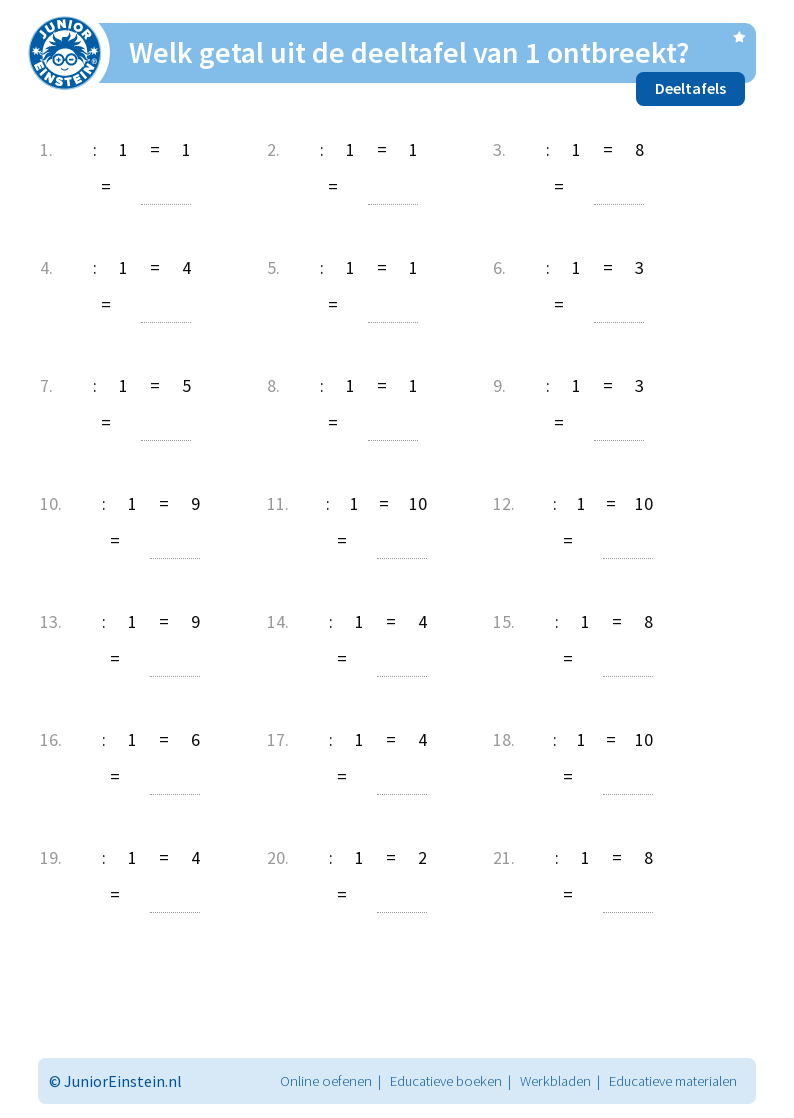 Welk getal uit de deeltafel van 1 ontbreekt?