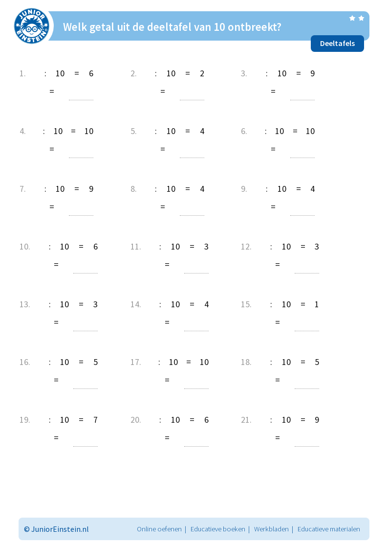Welk getal uit de deeltafel van 10 ontbreekt?