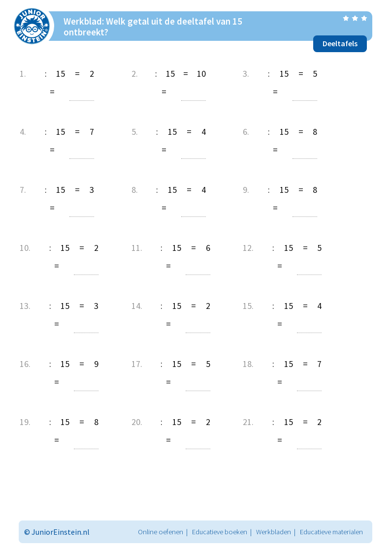 Werkblad: Welk getal uit de deeltafel van 15 ontbreekt?