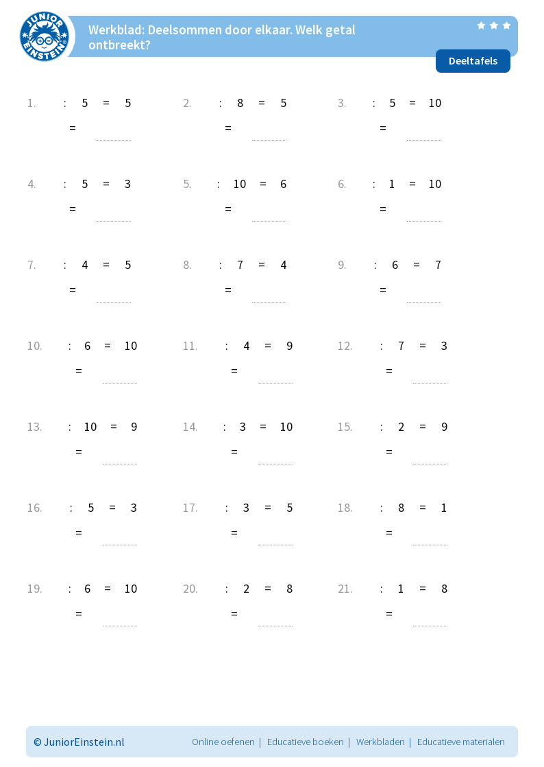 Werkblad: Deelsommen door elkaar. Welk getal ontbreekt?