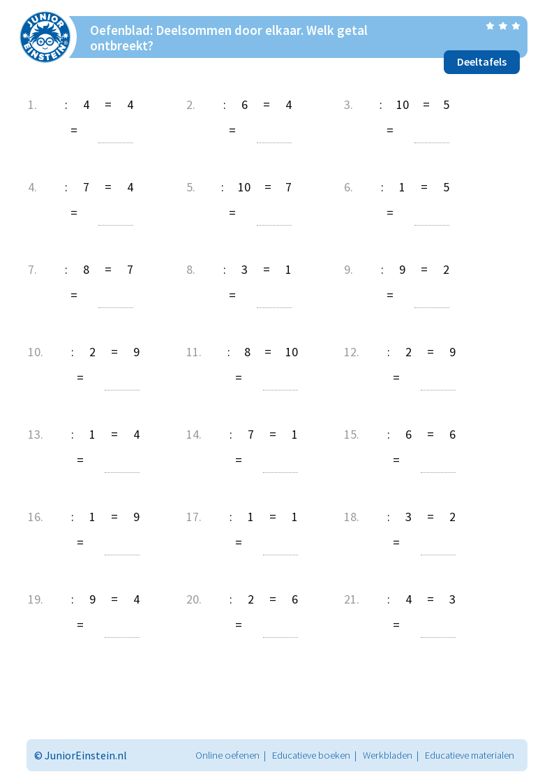 Oefenblad: Deelsommen door elkaar. Welk getal ontbreekt?