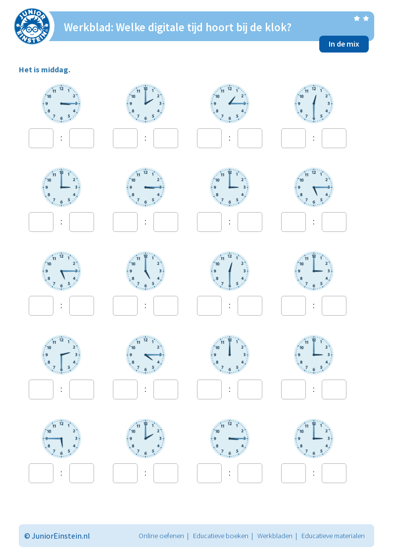 Werkblad: Welke digitale tijd hoort bij de klok?