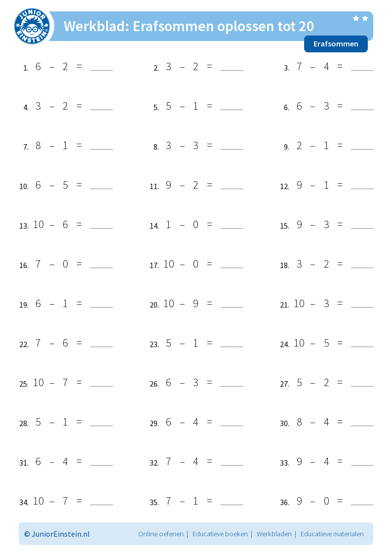 Werkblad: Erafsommen oplossen tot 20